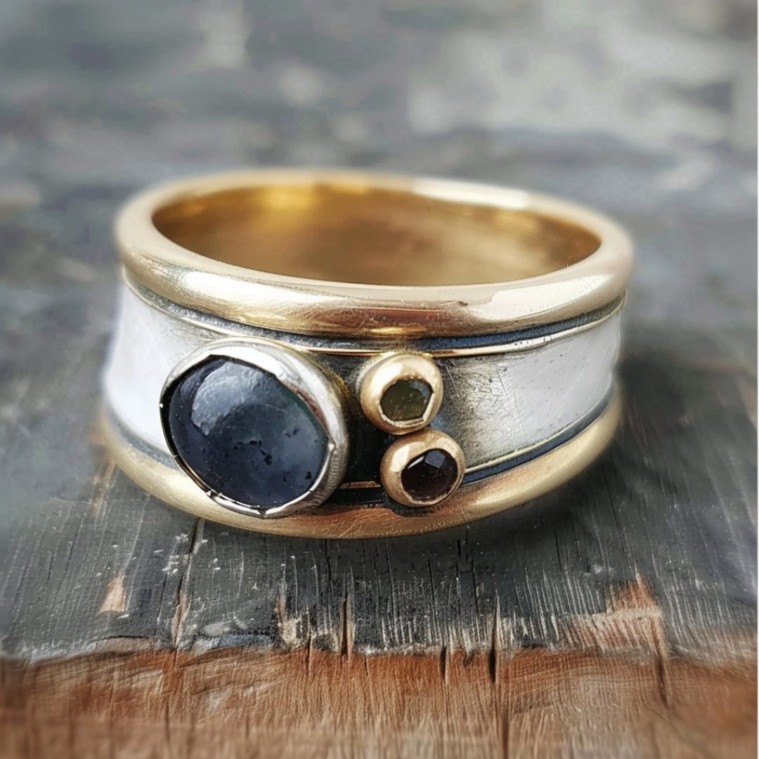 Anillo Piedra Azul Incrustada en Oro y Plata – Aurora Styles